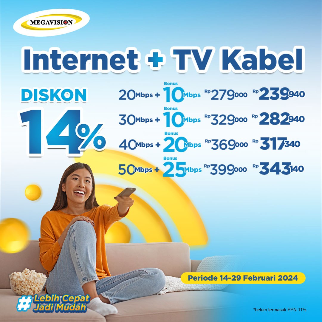 Dapatkan Diskon 14% Pada Semua Paket Internet Dan TV Kabel Di Megavision