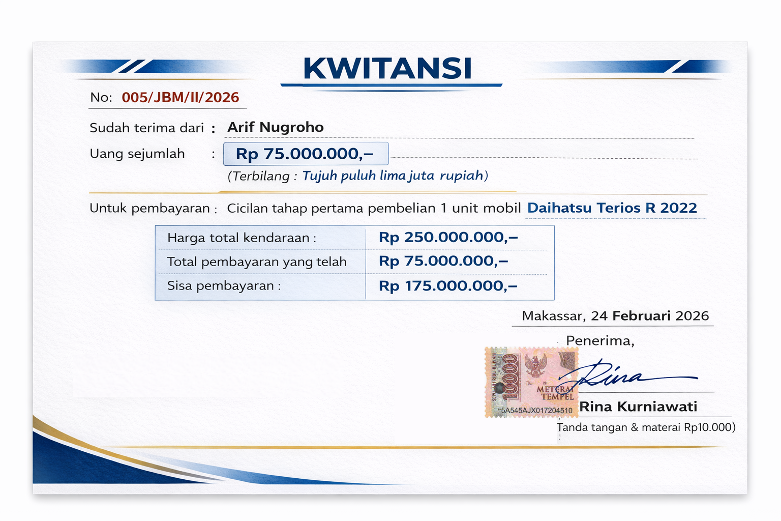 5 Contoh Kwitansi Jual Beli Mobil Untuk Tunai, DP, Dan Cicilan