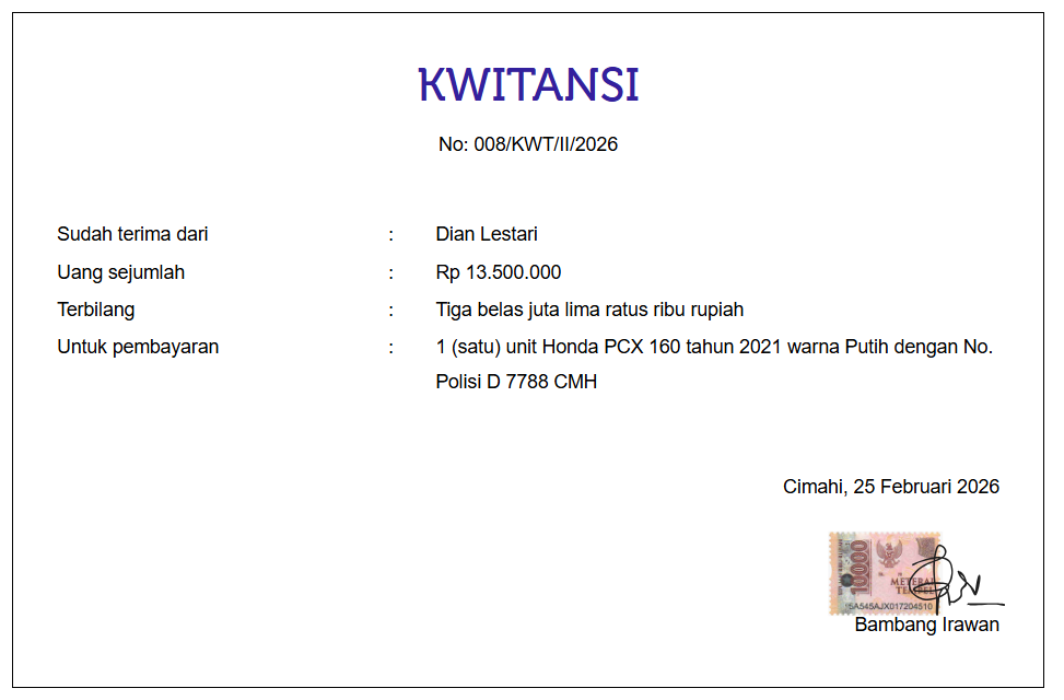 9 Contoh Kwitansi Jual Beli Motor Baru Dan Bekas Format Lengkap